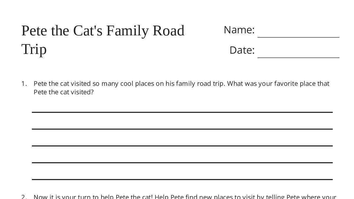 Pete the Cat's Family Road Trip - My Worksheet Maker: Create Your Own ...