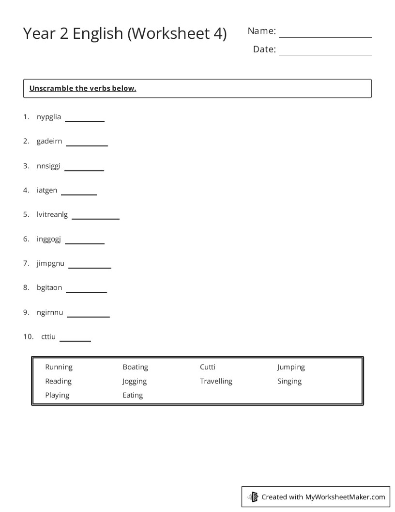 Year 2 English Worksheets