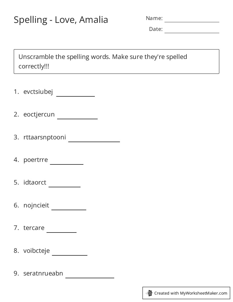 Spelling - Love, Amalia - My Worksheet Maker: Create Your Own Worksheets