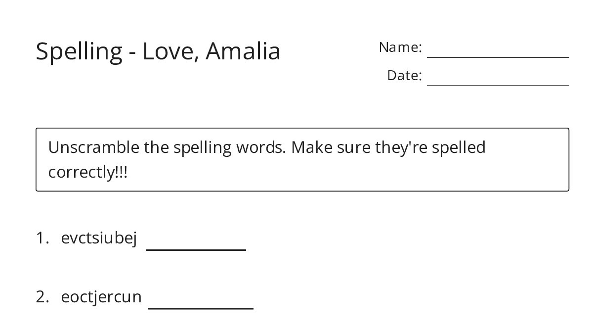 Spelling - Love, Amalia - My Worksheet Maker: Create Your Own Worksheets