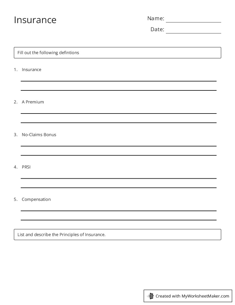 Insurance - My Worksheet Maker: Create Your Own Worksheets