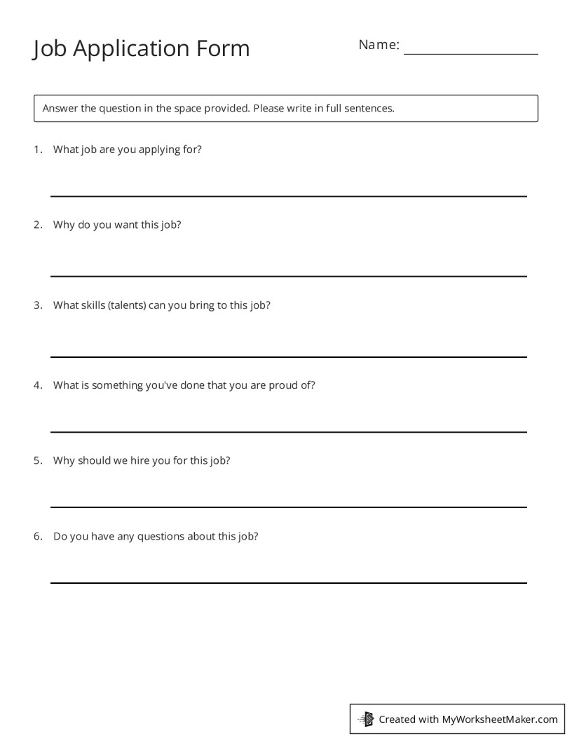 Job Application Form - My Worksheet Maker: Create Your Own Worksheets
