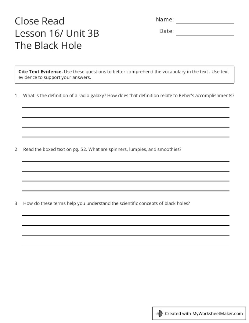 Close ReadLesson 16/ Unit 3BThe Black Hole - My Worksheet Maker: Create ...