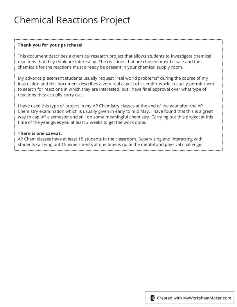 Chemical Reactions Project - My Worksheet Maker: Create Your Own Worksheets