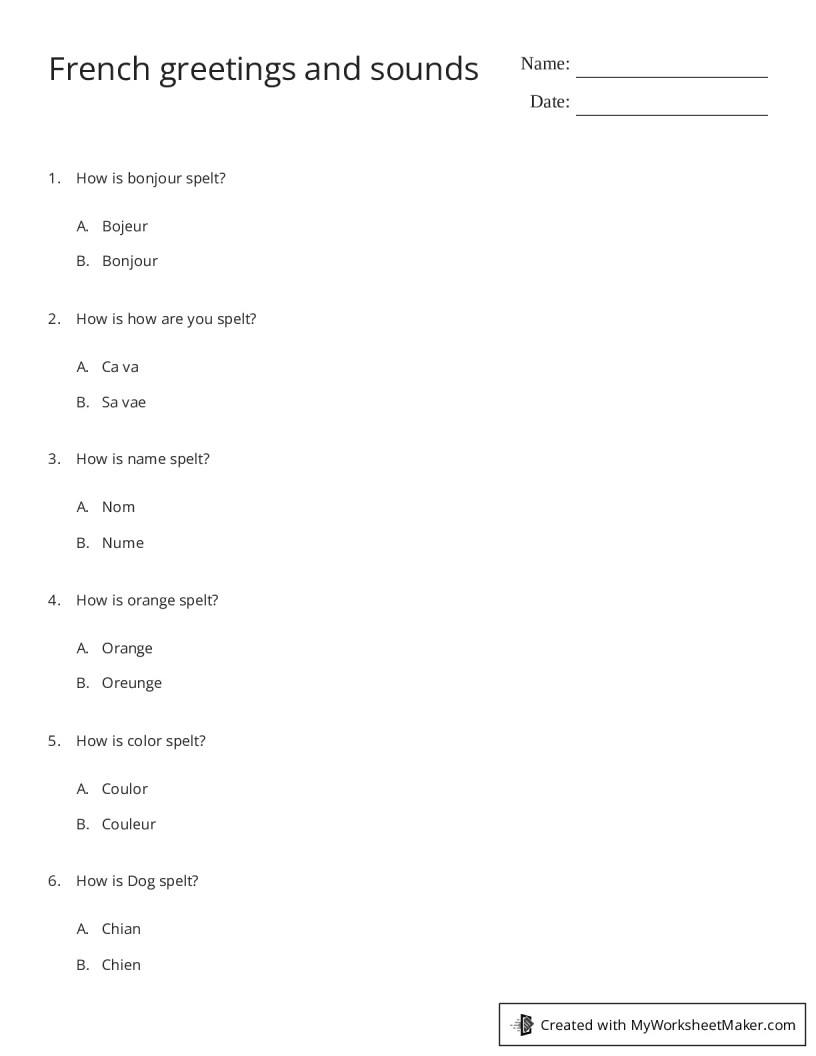 French greetings and sounds - My Worksheet Maker: Create Your Own ...