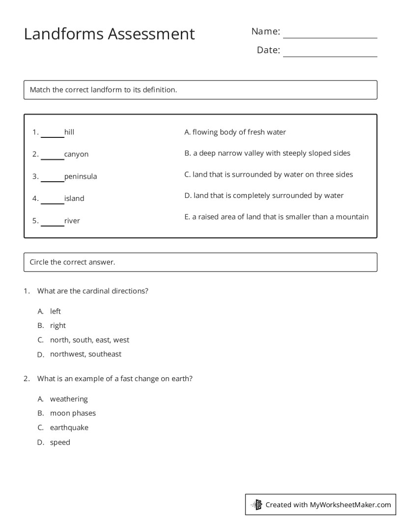 Landforms Assessment - My Worksheet Maker: Create Your Own Worksheets