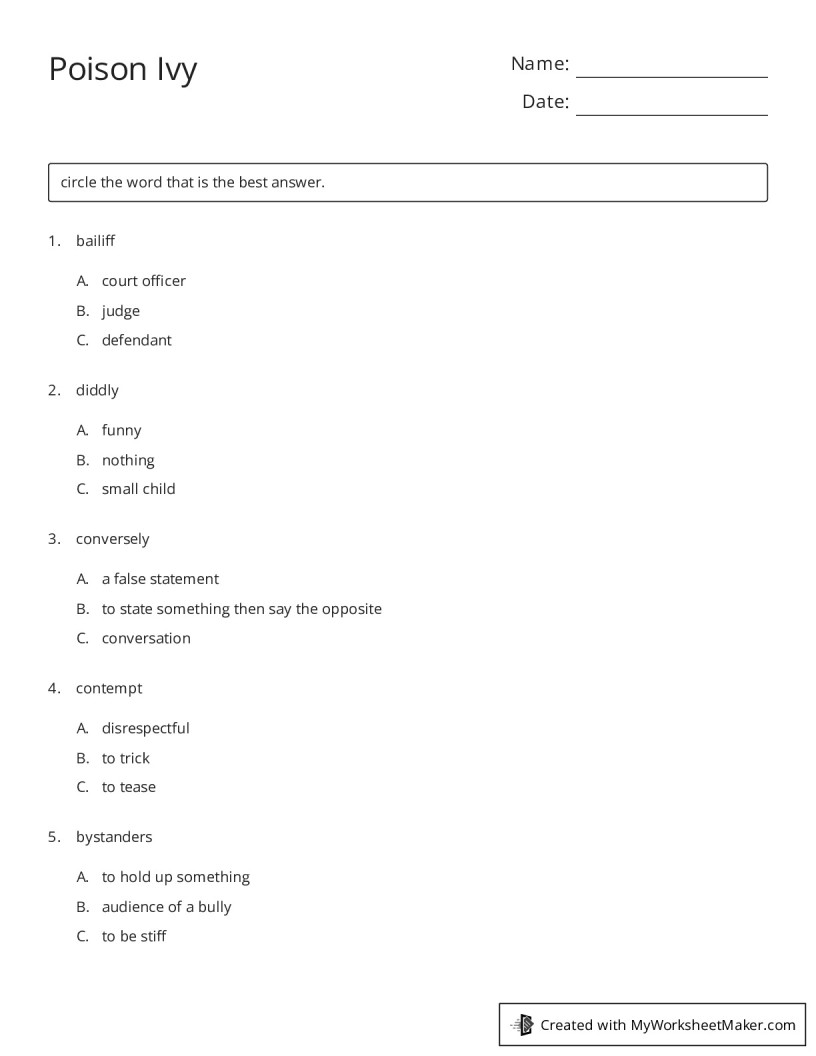 Poison Ivy - My Worksheet Maker: Create Your Own Worksheets