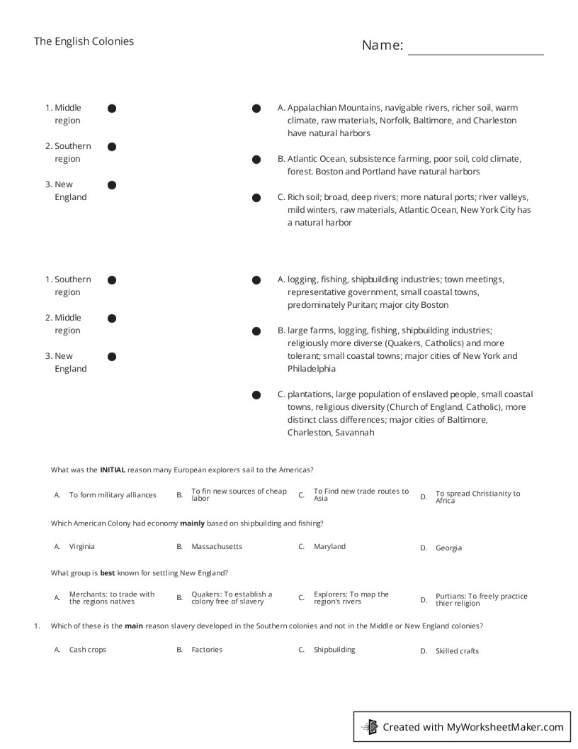 The English Colonies - My Worksheet Maker: Create Your Own Worksheets