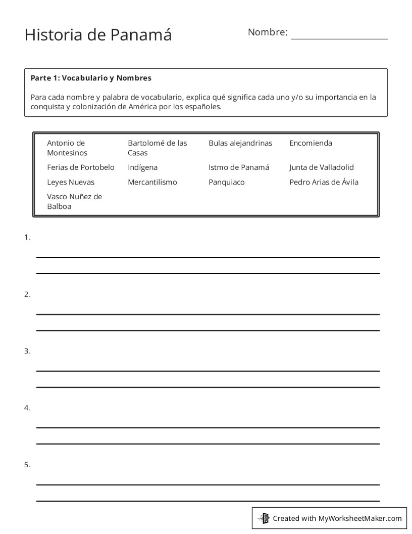 Historia de Panamá - My Worksheet Maker: Create Your Own Worksheets