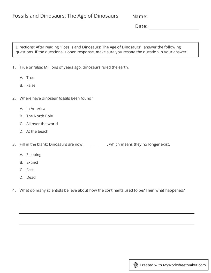 Fossils and Dinosaurs: The Age of Dinosaurs - My Worksheet Maker ...
