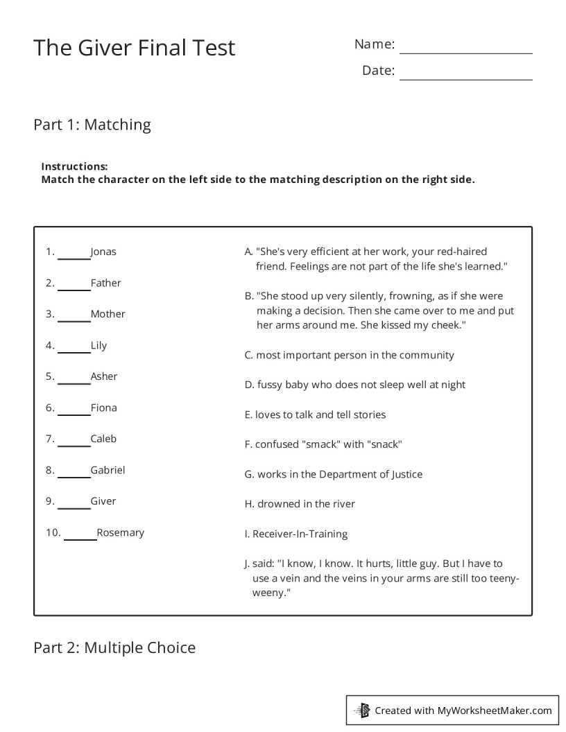 The Giver Final Test - My Worksheet Maker: Create Your Own Worksheets