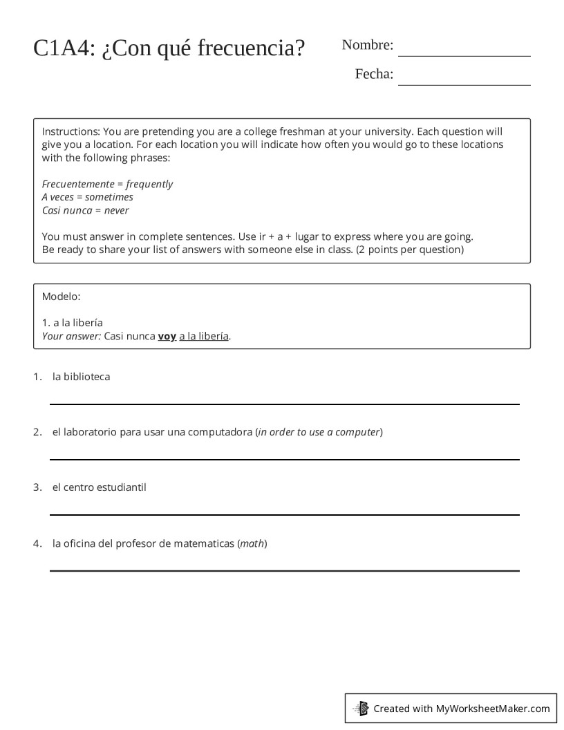 C1A4: ¿Con qué frecuencia? - My Worksheet Maker: Create Your Own Worksheets