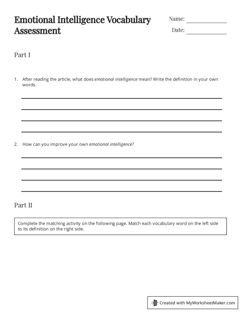 Emotional Intelligence Vocabulary Assessment - My Worksheet Maker ...