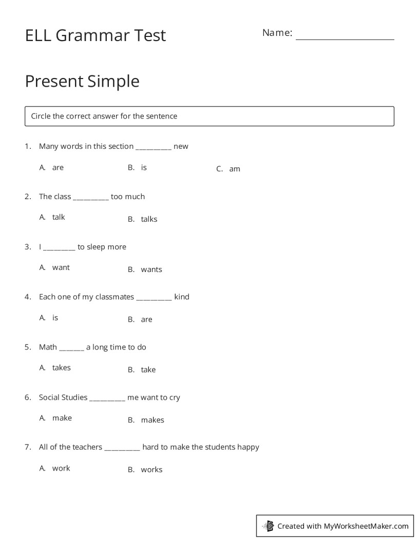ELL Grammar Test - My Worksheet Maker: Create Your Own Worksheets
