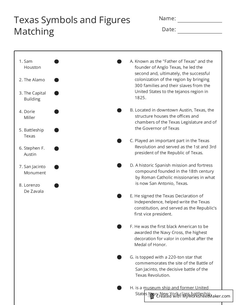 Texas Symbols and Figures Matching - My Worksheet Maker: Create Your ...
