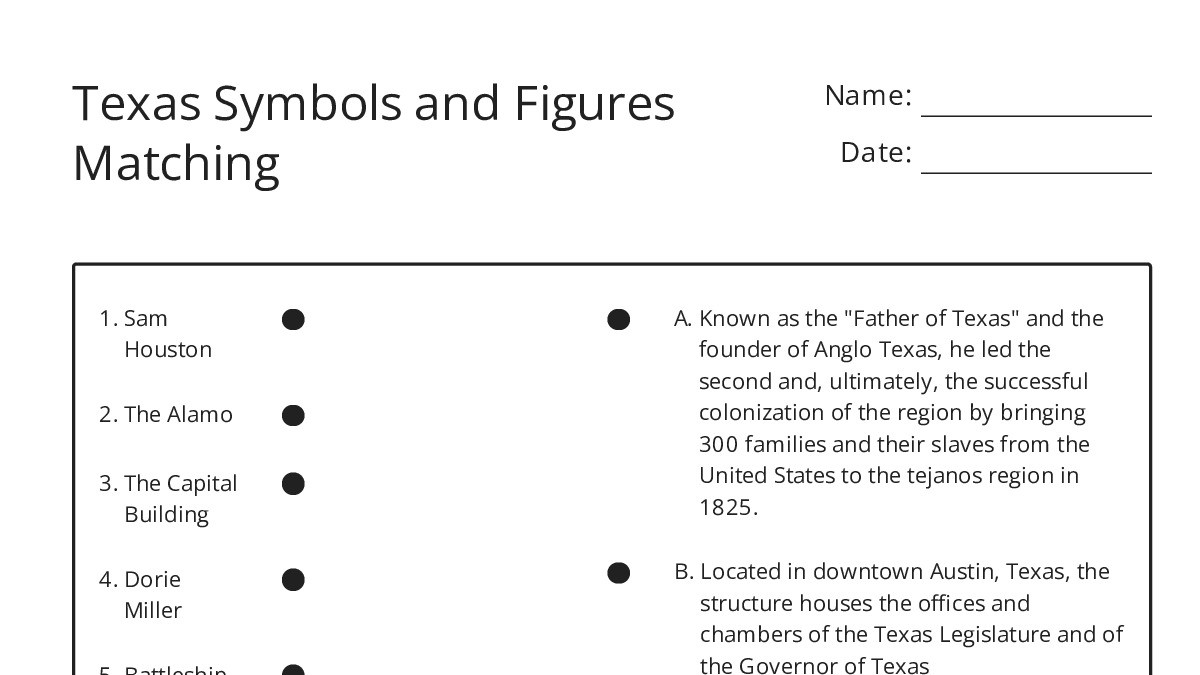Texas Symbols and Figures Matching - My Worksheet Maker: Create Your ...