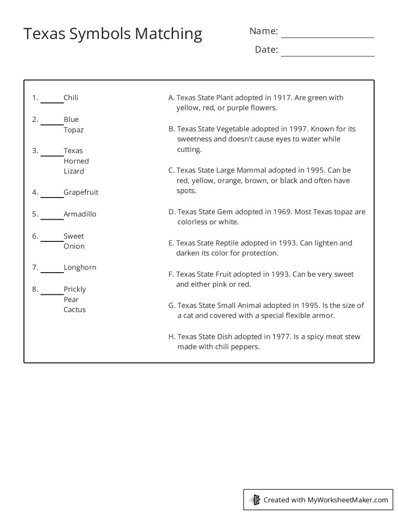 Texas Symbols Matching - My Worksheet Maker: Create Your Own Worksheets