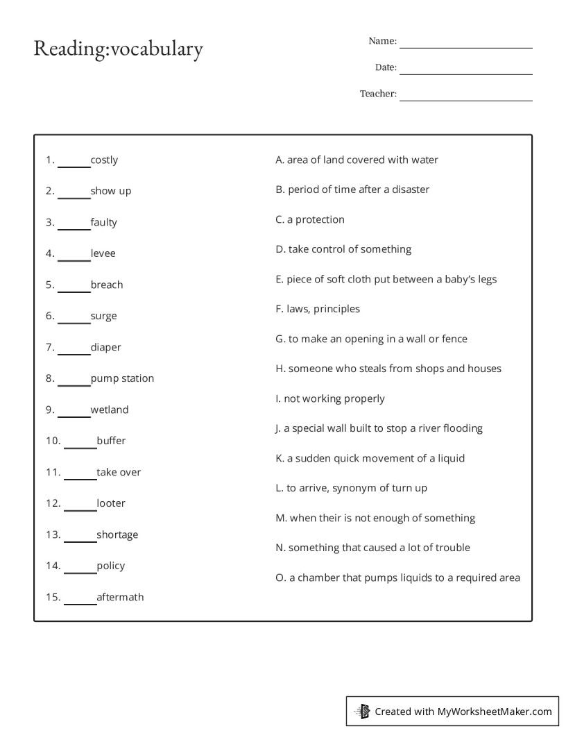 Reading:vocabulary - My Worksheet Maker: Create Your Own Worksheets