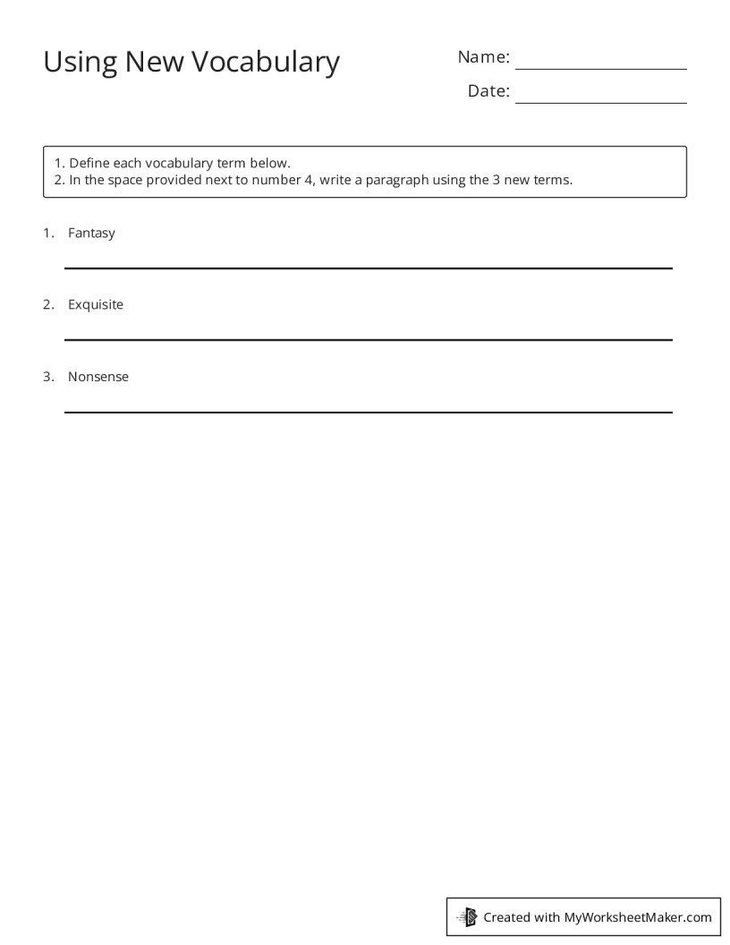 Using New Vocabulary - My Worksheet Maker: Create Your Own Worksheets