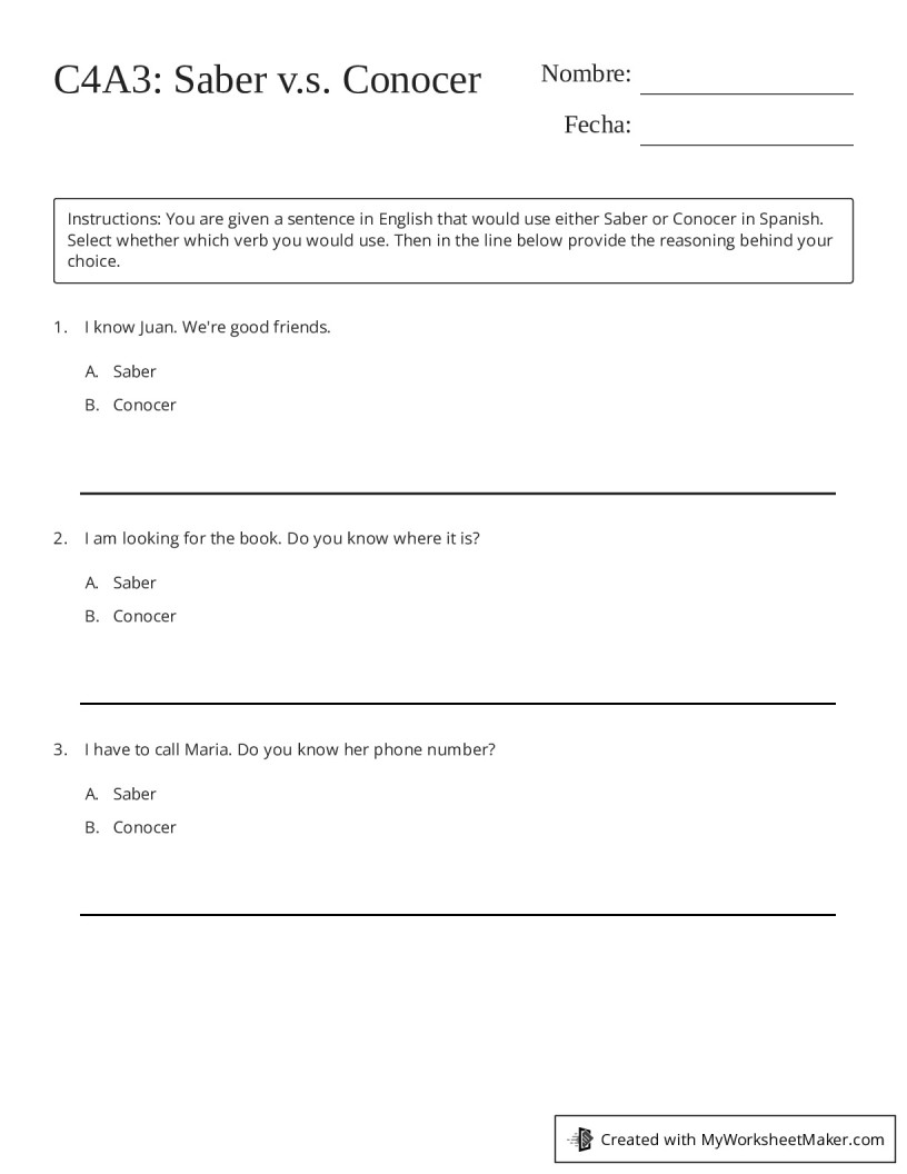 C4A3: Saber v.s. Conocer - My Worksheet Maker: Create Your Own Worksheets