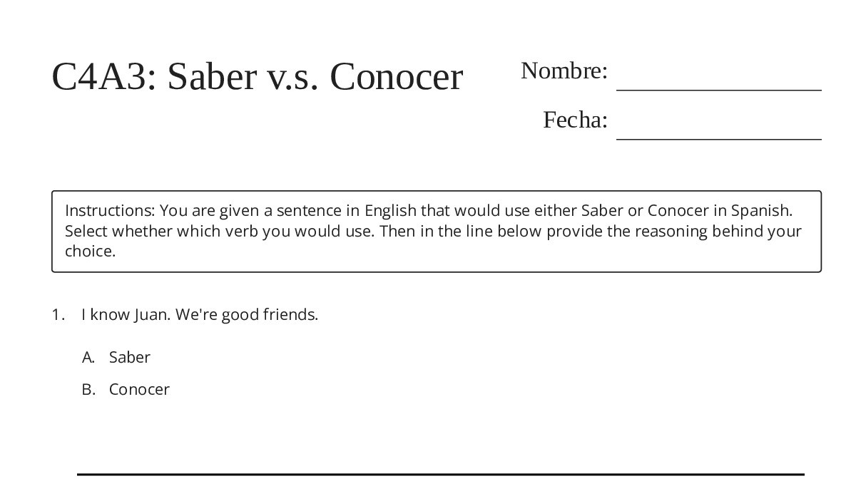 C4A3: Saber v.s. Conocer - My Worksheet Maker: Create Your Own Worksheets
