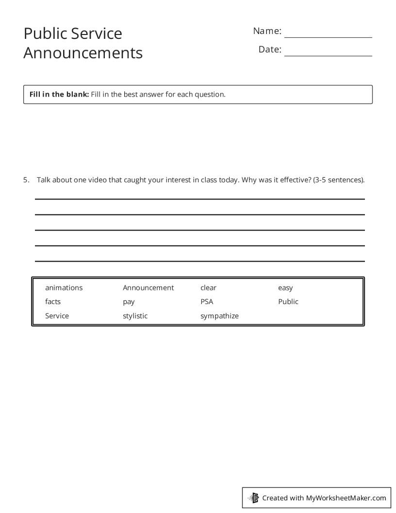 Public Service Announcements - My Worksheet Maker: Create Your Own ...