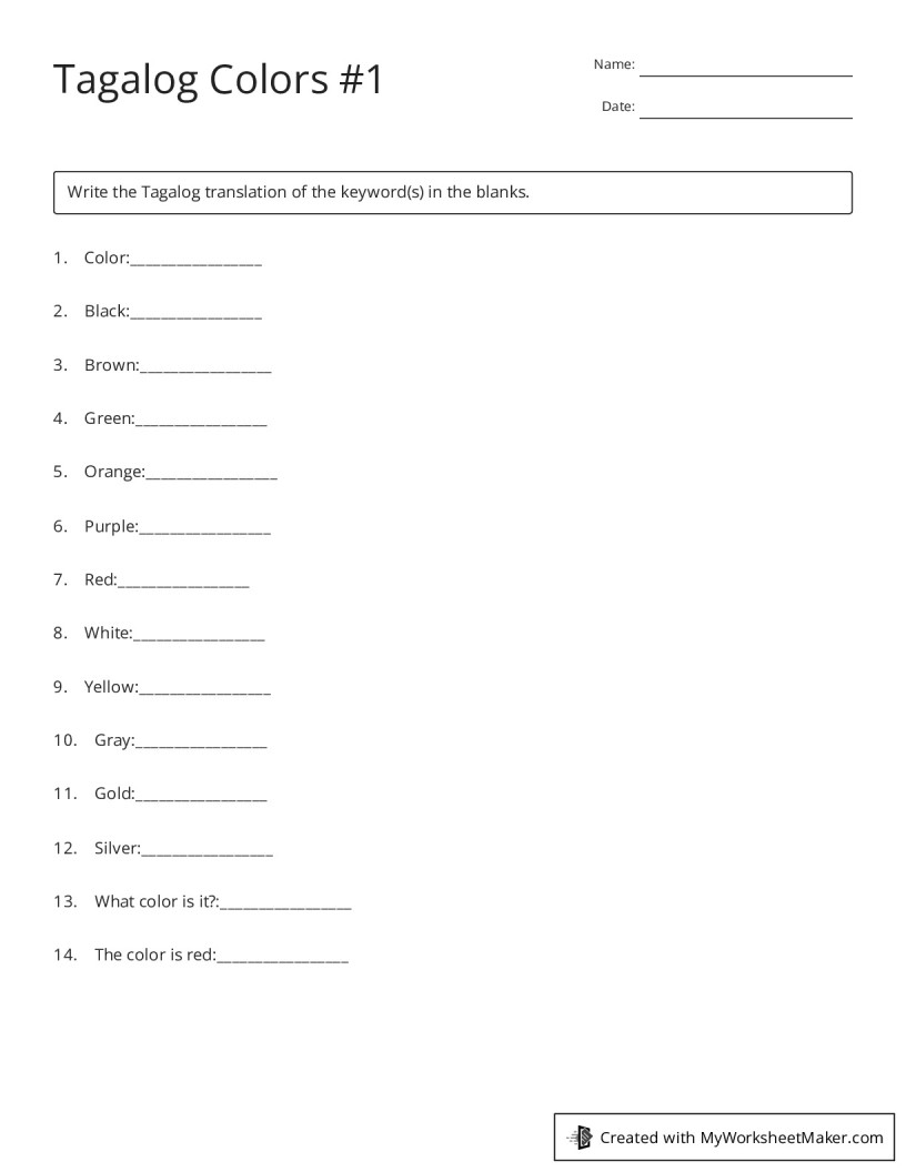 Tagalog Colors #1 - My Worksheet Maker: Create Your Own Worksheets