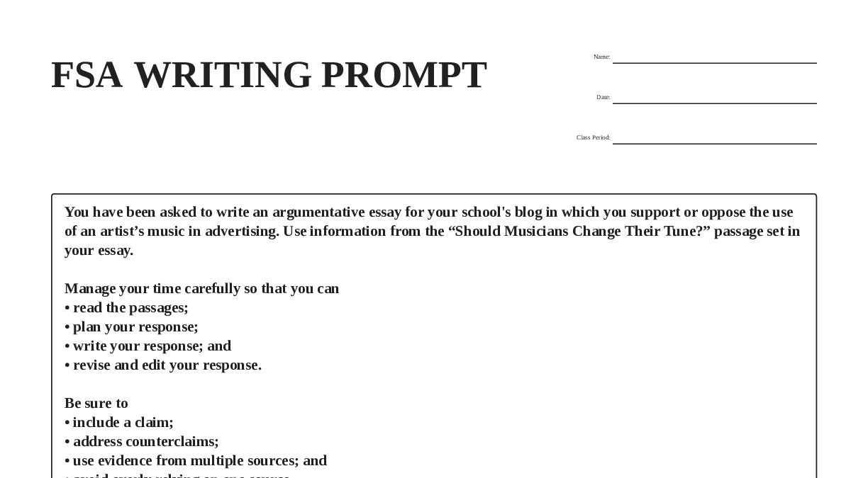 FSA WRITING PROMPT - My Worksheet Maker: Create Your Own Worksheets