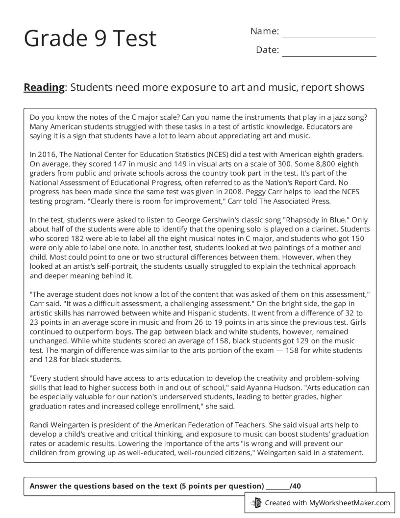 Grade 9 Test - My Worksheet Maker: Create Your Own Worksheets