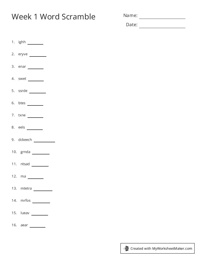 Week 1 Word Scramble - My Worksheet Maker: Create Your Own Worksheets
