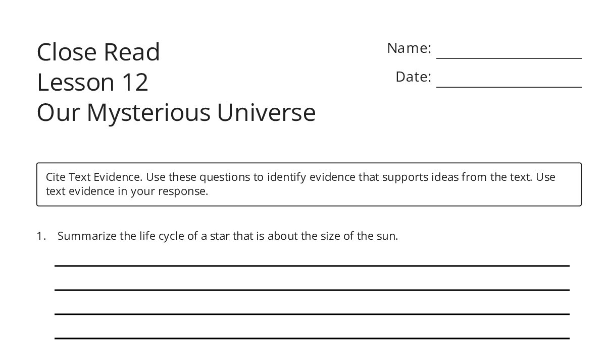 Close Read Lesson 12 Our Mysterious Universe - My Worksheet Maker ...