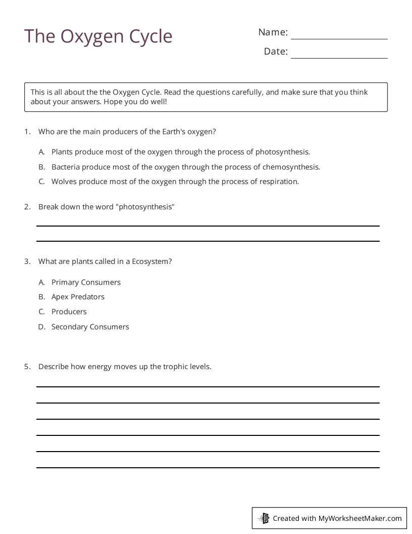 The Oxygen Cycle - My Worksheet Maker: Create Your Own Worksheets