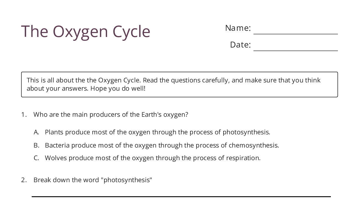 The Oxygen Cycle - My Worksheet Maker: Create Your Own Worksheets