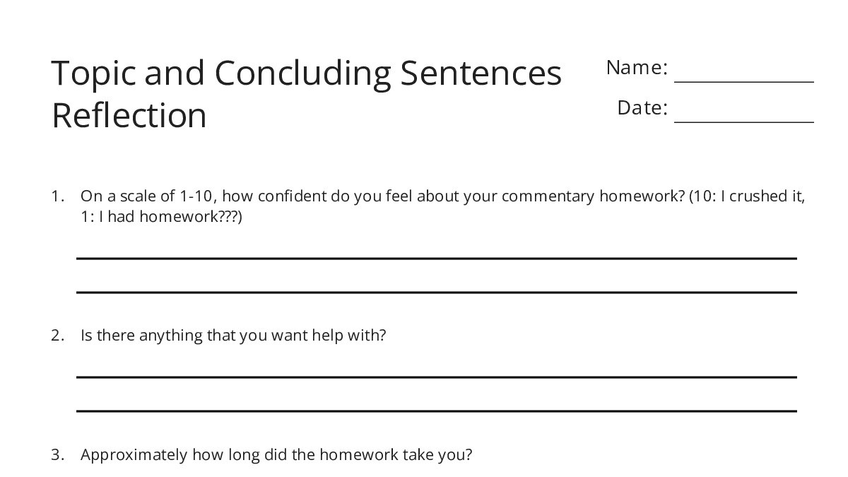 Topic and Concluding Sentences Reflection - My Worksheet Maker: Create ...