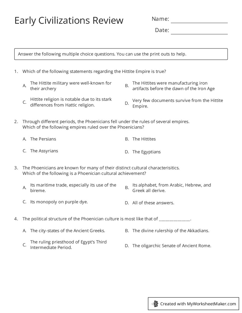Early Civilizations Review - My Worksheet Maker: Create Your Own Worksheets