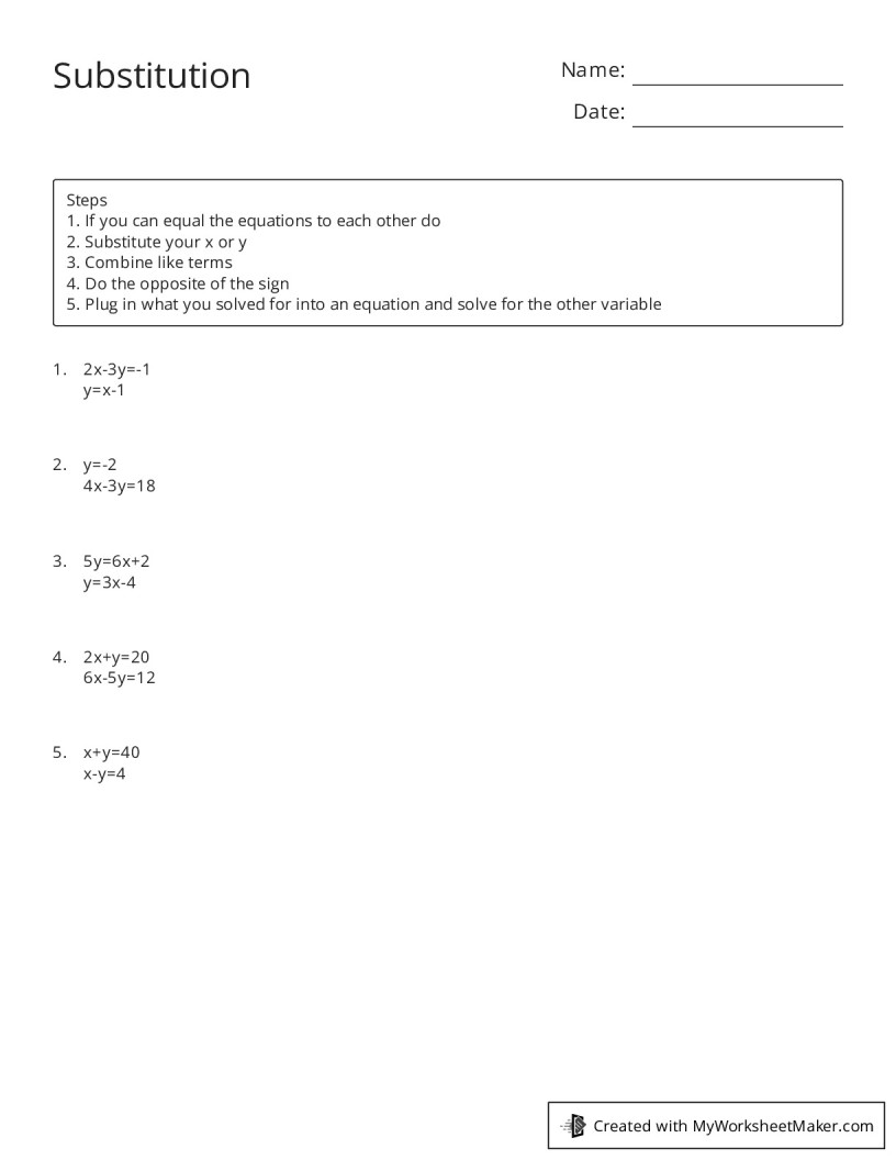 Substitution - My Worksheet Maker: Create Your Own Worksheets