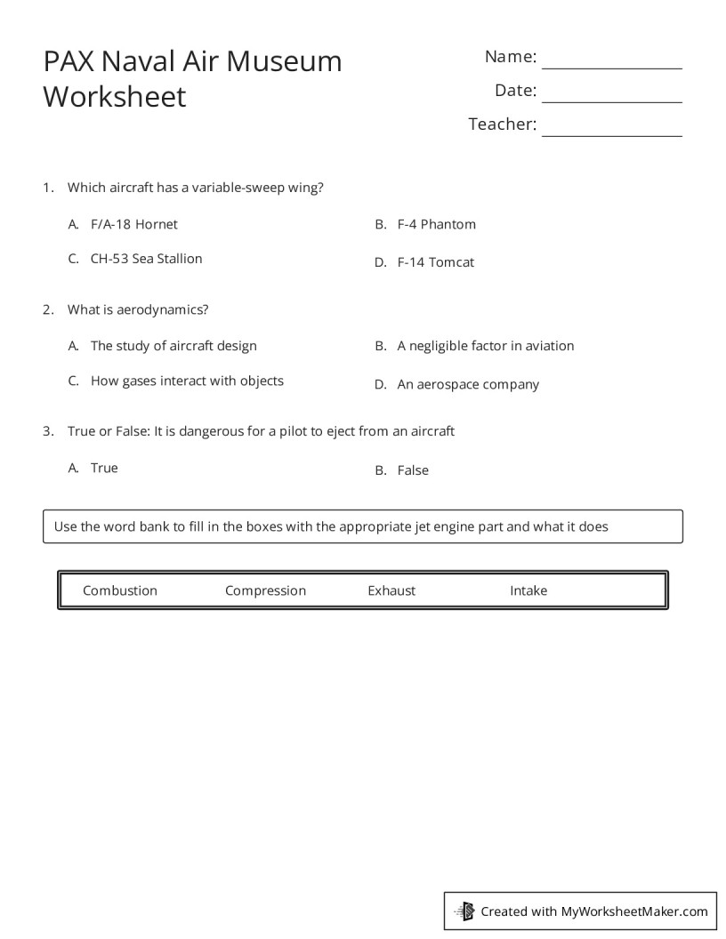 PAX Naval Air Museum Worksheet - My Worksheet Maker: Create Your Own ...