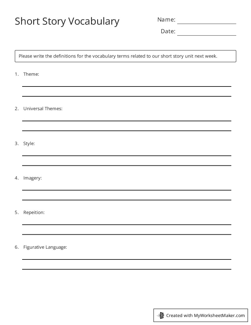 Short Story Vocabulary - My Worksheet Maker: Create Your Own Worksheets