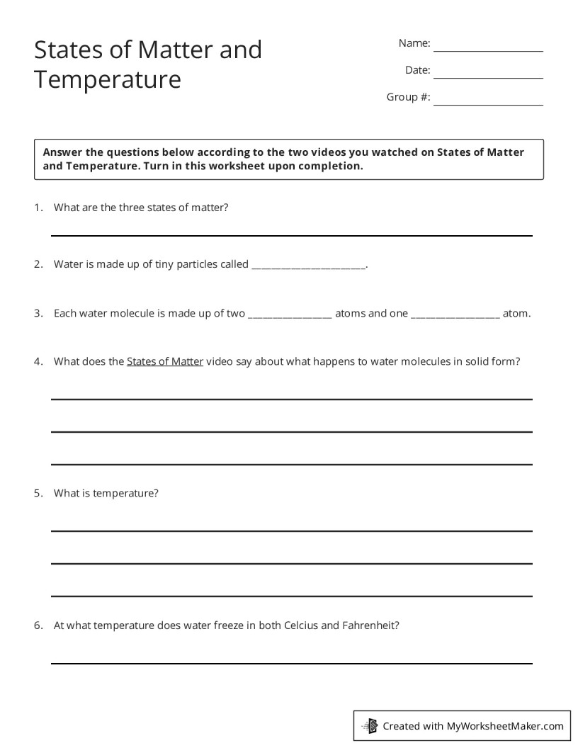 States of Matter and Temperature - My Worksheet Maker: Create Your Own ...