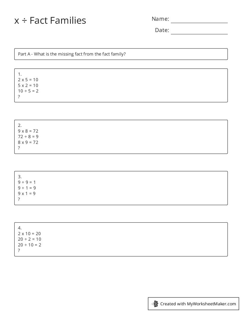 x ÷ Fact Families - My Worksheet Maker: Create Your Own Worksheets