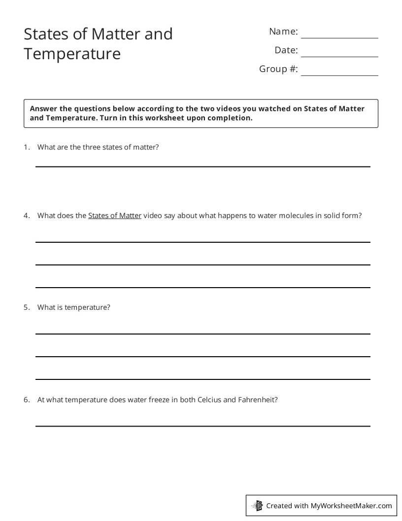 States of Matter and Temperature - My Worksheet Maker: Create Your Own ...