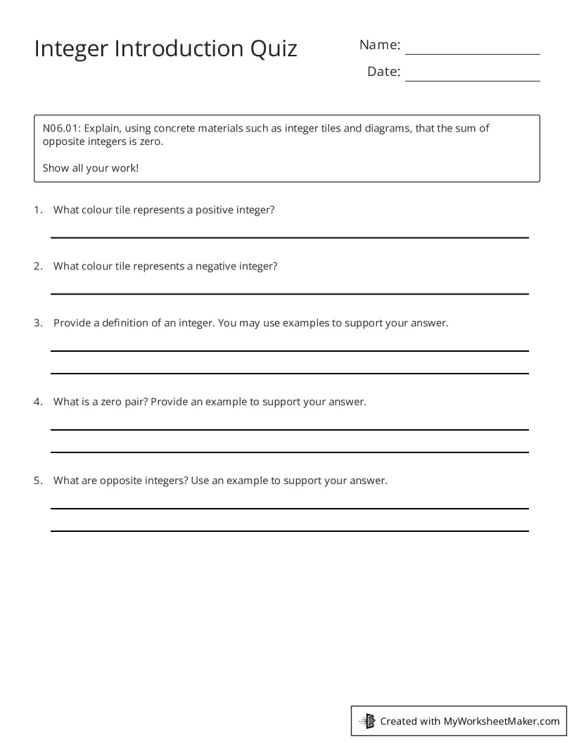 Integer Introduction Quiz - My Worksheet Maker: Create Your Own Worksheets