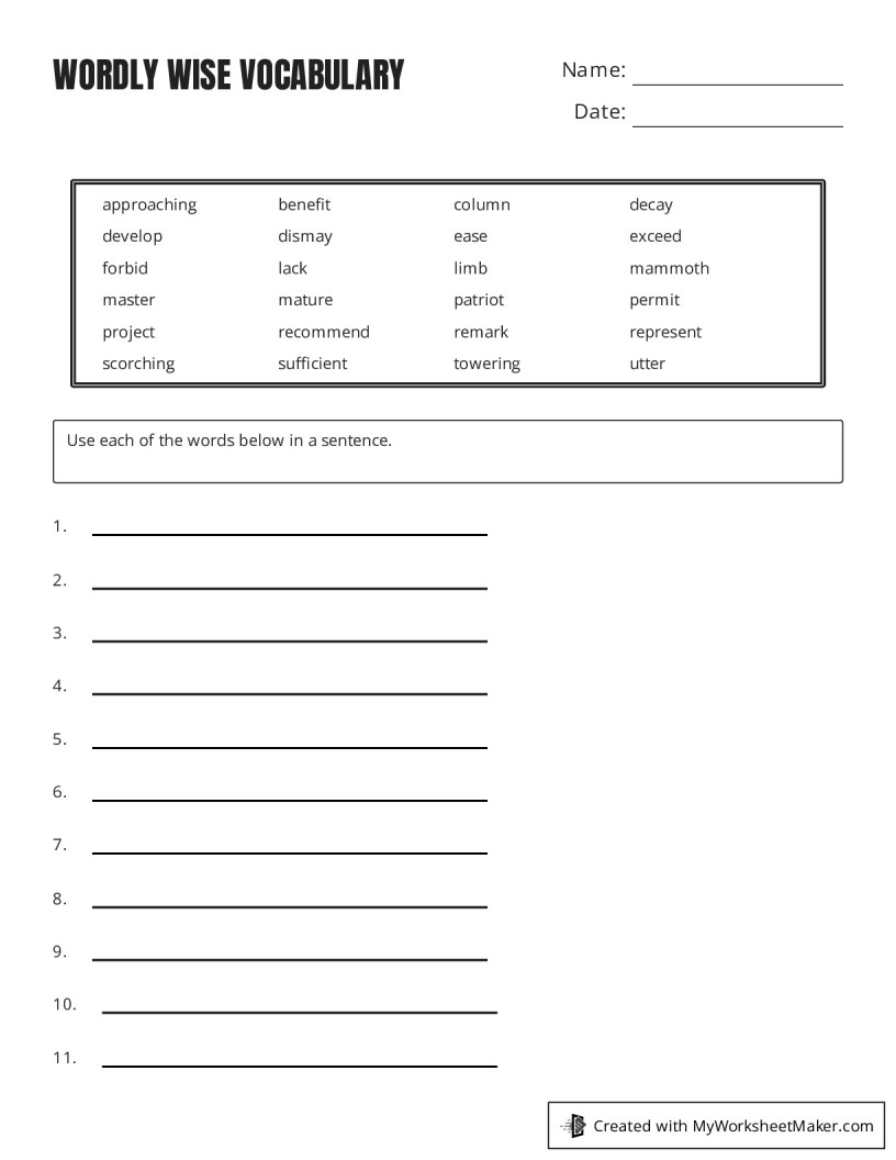 WORDLY WISE VOCABULARY - My Worksheet Maker: Create Your Own Worksheets