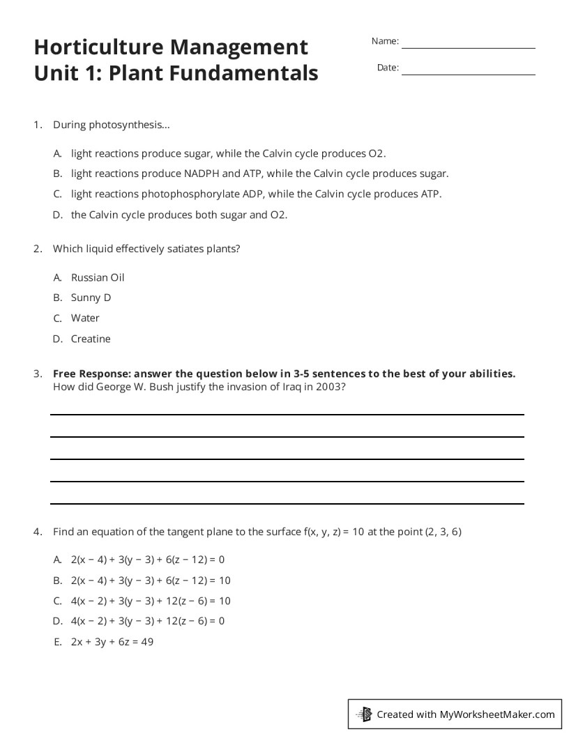 Horticulture Management Unit 1: Plant Fundamentals - My Worksheet Maker: Create Your Own Worksheets