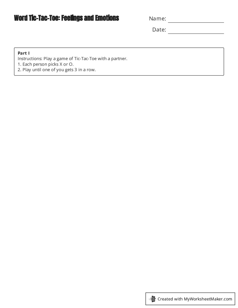 Word Tic-Tac-Toe: Feelings and Emotions - My Worksheet Maker: Create ...