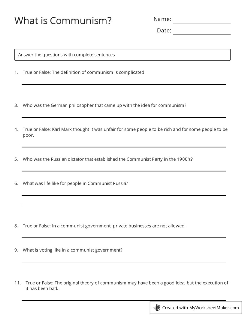 What is Communism? - My Worksheet Maker: Create Your Own Worksheets