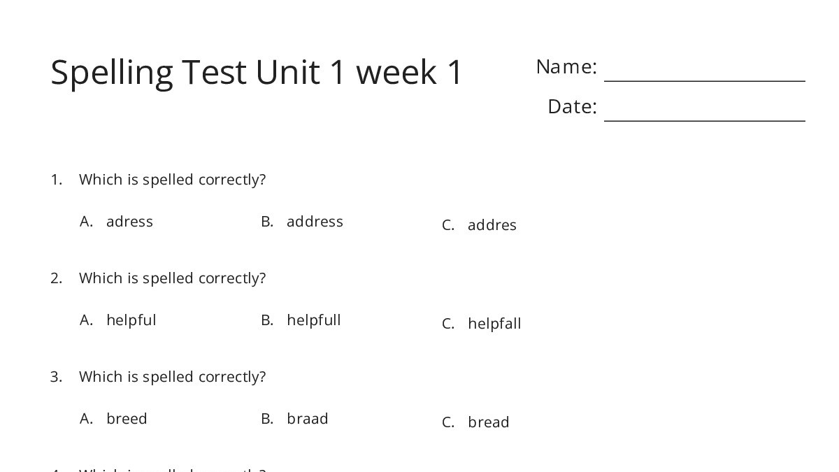 Spelling Test Unit 1 week 1 - My Worksheet Maker: Create Your Own ...