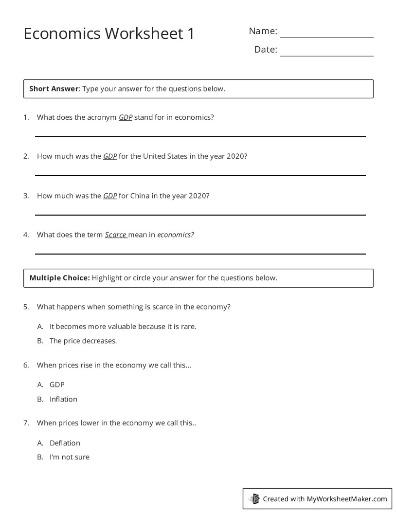 Economics Worksheet 1 - My Worksheet Maker: Create Your Own Worksheets