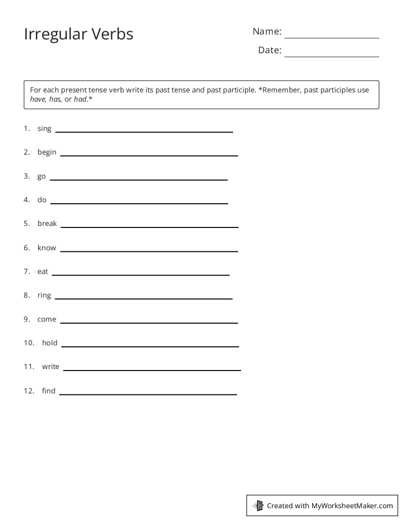 Irregular Verbs - My Worksheet Maker: Create Your Own Worksheets