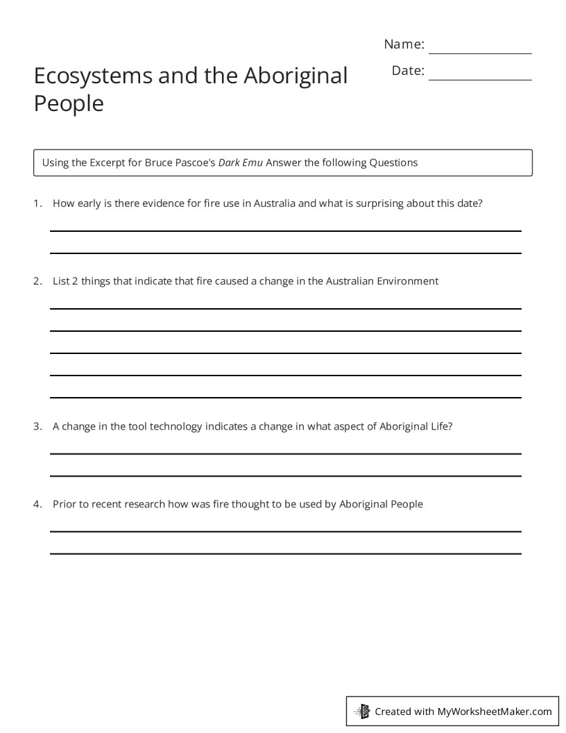 Ecosystems and the Aboriginal People - My Worksheet Maker: Create Your ...